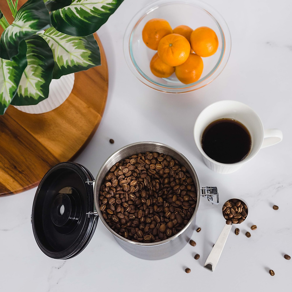 Extra Large 38oz Beans / 35oz Grounds Coffee Canister - Coffee Storage Container Tea Flour, Airtight Stainless Steel with Date Dial Release Valve Spoon