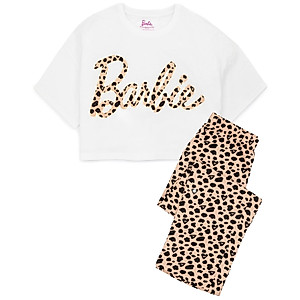 Barbie Pyjamas Womens Animal Print Logo Cropped T-Shirt Bottoms Pjs White
