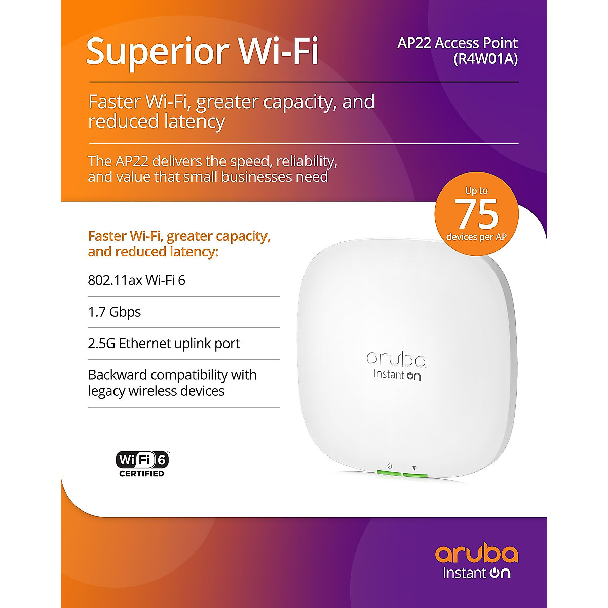 HPE Networking Instant On Access Point AP22 2x2 WiFi 6 Indoor Wireless Access Point | Long Range, Secure, Smart Mesh Support | Power Source Not Included | US Model (R4W01A)