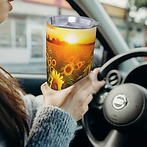 Sunflower Field Sunset Tumbler with Lid and Straw 20oz Stainless Steel Car Cup for Hot and Cold Drinks, Double Wall Insulated Travel Coffee Mug Reusable Drink Thermos Cup Birthday Gifts