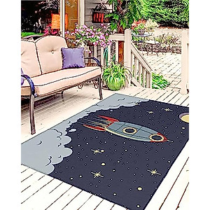 CHARMHOME Indoor Outdoor Rugs 5'x8' - Waterproof Patio Rug Camping Rug for Porch Deck Backyard Patio - Space Theme Cute Cartoon Rocket Moon and Stars Pattern Area Rug Easy Clean