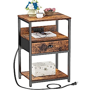 Furologee Nightstand with Charging Station, End Table with USB Ports&Power Outlets, 3-Tier Storage Shelf Tall Bedside Table, Industrial Side Table with Fabric Drawer for Bedroom/Living Room/Study