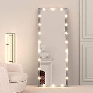 ANYHI Mirror with Lights Full Length, 62.6'' x 23.3'' LED Full Body Floor Dressing Mirror with 22 Dimmable Bulbs, Dimmable, 3 Color Lighting, Wall Mount/Standing (Silver)