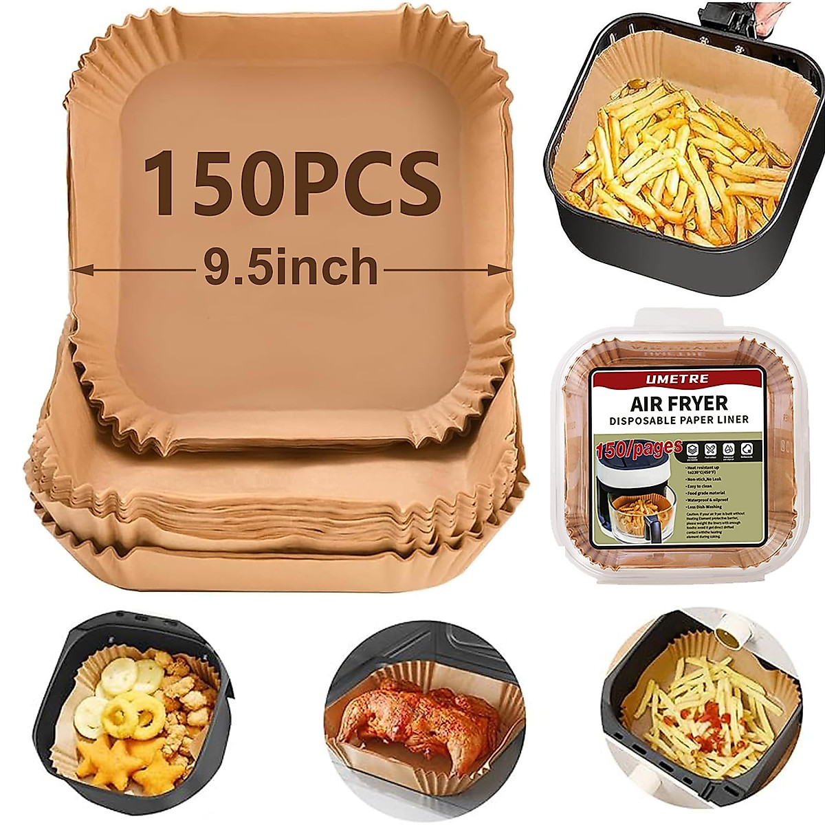 UMETRE air fryer paper liners, 150pcs disposable airfryer liners parchment papers, square 9inch Non-stick sheets, air fryer liners disposable basket, Free of Bleach