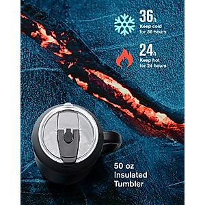 Coolplus 50 oz Mug Tumbler with Handle and Straw, Large Stainless Steel Travel Insulated Water Cup with 2-in-1 Lid, Double Wall Metal Keep Cold 36 hrs, Sweet Proof BPA-Free, Midnight Black