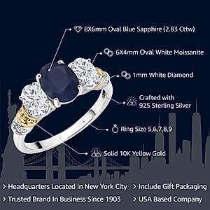 925 Sterling Silver and 10K Yellow Gold Oval Blue Sapphire White Moissanite and White Diamond 3 Stone Ring For Women (2.83 Cttw, Gemstone September Birthstone, Available In Size 5, 6, 7, 8, 9)