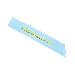 Big Sister to be Sash, Light Blue Satin with Gold Font with Heart, Best Baby Shower Decorations Gifts, Neutral Twins Children(Short Style)