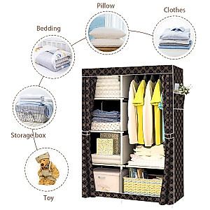 FUNFLOWERS Portable Wardrobe Storage Closet, Clothes Organizer with Non-Woven Fabric, Storage Shelves + Hanging Sections + Side Pockets, Durable & Easy to Assemble, 42" L x 18" W x 67" H, Black