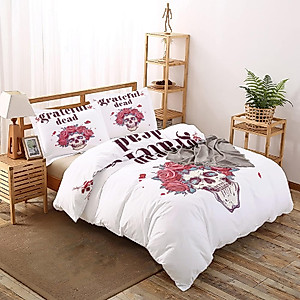 AopGlyvyr Grateful Dead Duvet Cover Queen Size, Sugar Skull Comforter Cover, Day of The Dead Bedding Set, Breathable Duvet Cover with Zipper Closure, 3 Pieces with 1 Duvet Cover and 2 Pillowcase