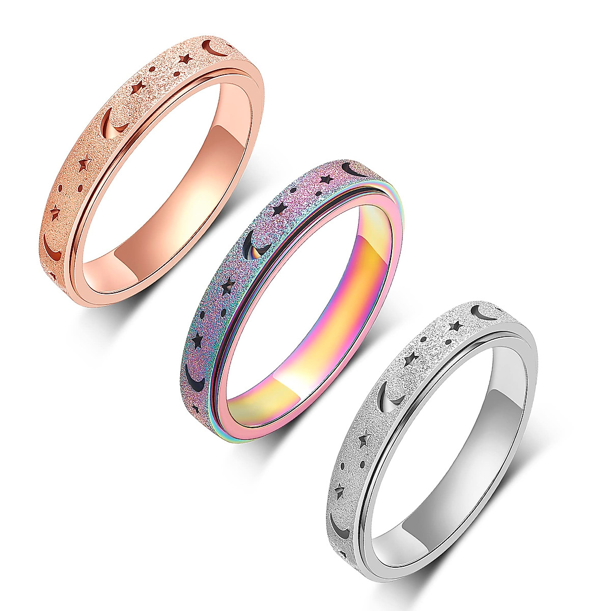 LuckyAmor Fidget Anxiety Ring for Women-3Pcs 4MM Rainbow Rose Gold Silver Moon Star Hollow Stainless Steel Spinner Rings for Anxiety Stress Relief Gift for Women party birthday