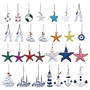 Wooden Hanging Nautical Ornaments: 28Pcs Nautical Ornaments, Beach Marine Ornament Set Decorations for Home Anchor Life Ring Sea Star Sailboat Beach for Coastal Christmas Tree Decor Craft