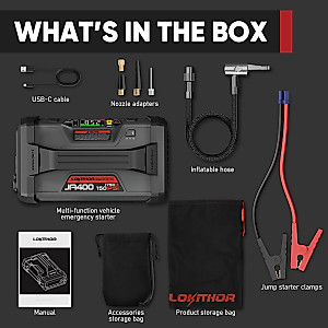 LOKITHOR JA400 1750A 12V Jump Starter with Air Compressor, 60W Two-Way Fast Charing, Lithium Car Battery Starter with 150PSI Digital Tire Inflator, Booster Pack for 7.5L Gas or 5.5L Diesel Engines