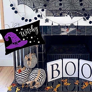 MEHOTOP Halloween Pillow Covers 12x20 Black Background Purple Magic Witchy Hat Throw Pillow Cover Stars Holiday Pillowcase Lumbar Pillow Case Seasonal Decorative Cushion Cases Home Sofa Couch Decor