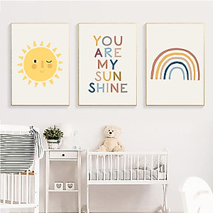 You Are My Sunshine Wall Art 3 Piece Boho Nursery Wall Art Rainbow Art Wall Decor Nursery Art Prints for Kids Room Nursery Pictures for Baby Girls Room Decor 12x16 Inch Unframed