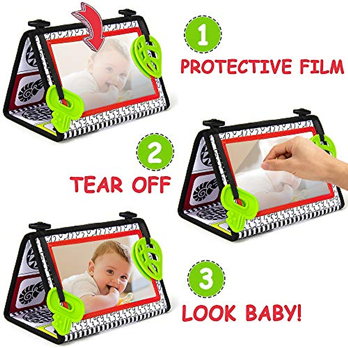 teytoy Tummy Time Baby Mirror Toys with Teethers, Double Black and White Tummy Time Toy High Contrast Baby Toys 0-6 Months, Foldable Baby Floor Mirror Sensory Development Toys for Infants Newborn
