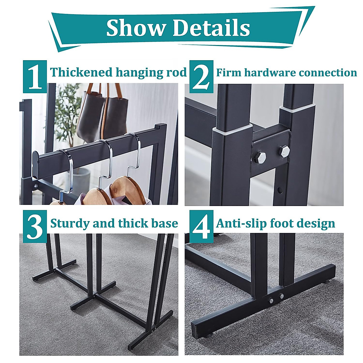 rcqeuiol Clothes Rack 6 Arms Clothing Retail Rack Floor Standing Metal Garment Rack with Wheels, Heavy Duty Retail Display Racks for Hanging Clothes, Adjustable Shirt Rack for Commercial Home, Black