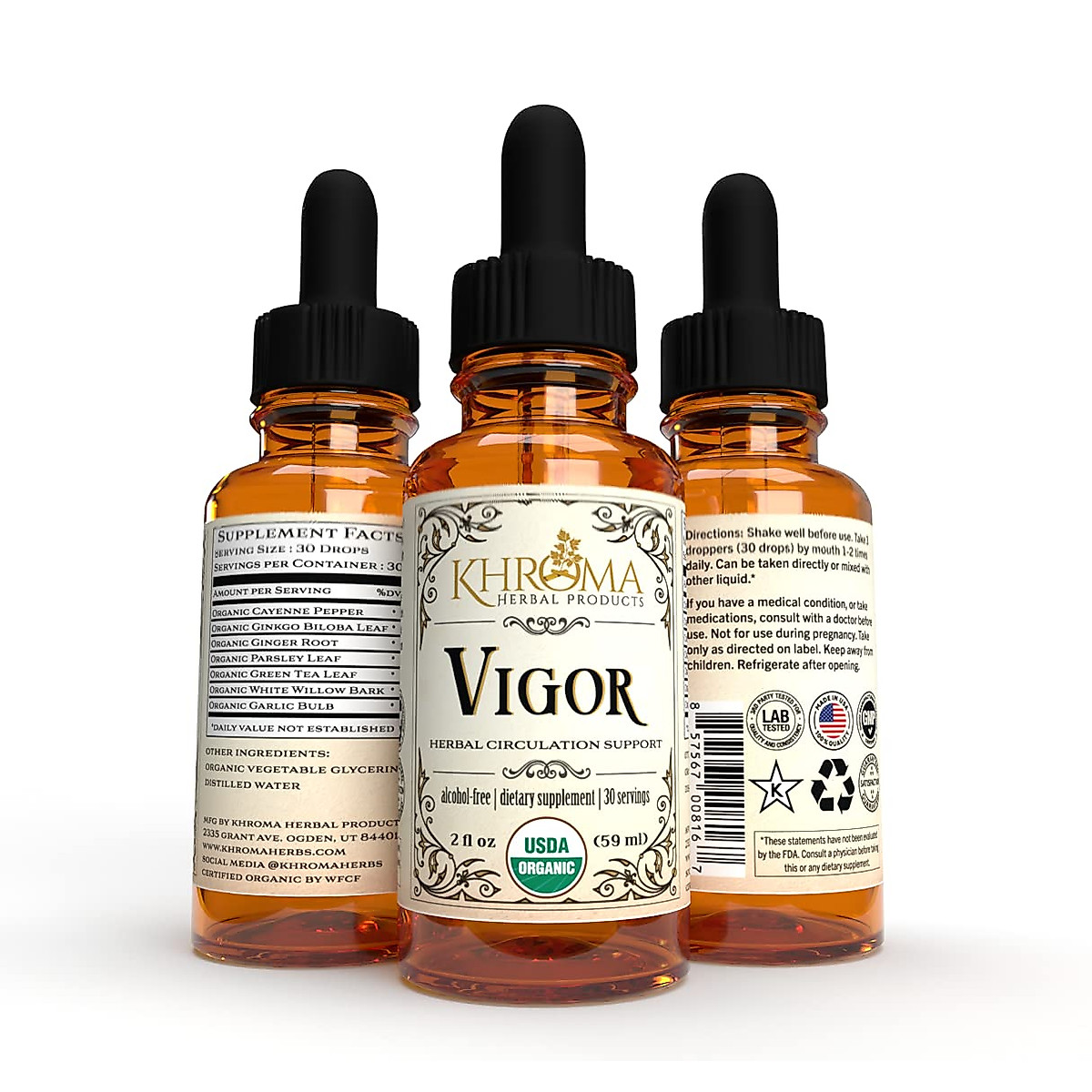 Vigor - Organic Circulation Complex - Khroma Herbal Products - Absolutely The Most Effective Circulatory Support You'll Ever Take - 2 oz Liquid - 30 Servings