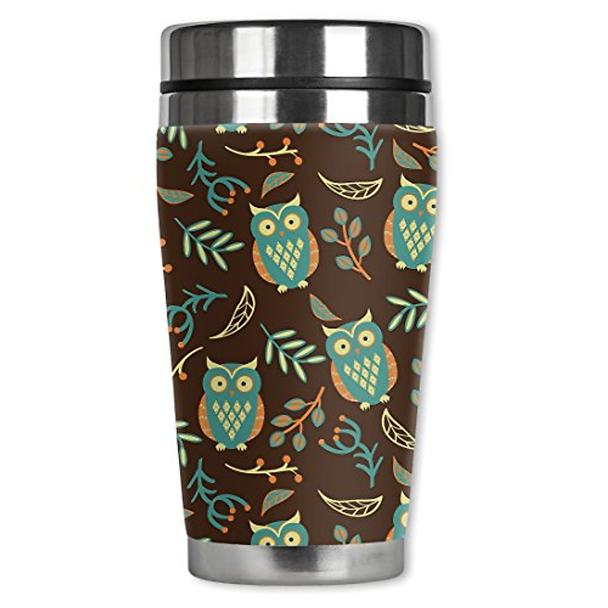 Mugzie Brown Owls Travel Mug with Insulated Wetsuit Cover, 16 oz, Multicolor