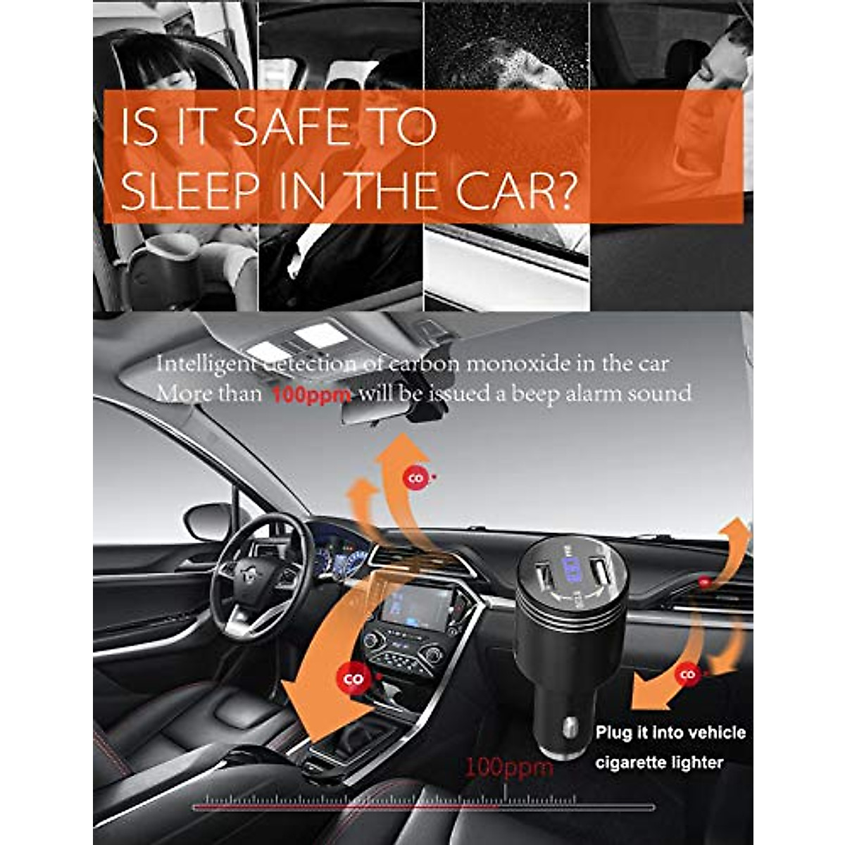 Multi-Function Car Carbon Monoxide Detector, Fast Car Charger, Quick Charge 3.0 Adapter with Dual QC3.0 USB Ports, CO Alarm Detector in Car with LCD Digital Display(Black)