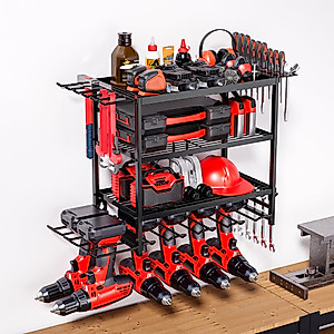 CATCHLUCK Power Tool Organizer Power Tool Storage 6 Drill Holder Wall Mount, Heavy Duty Metal Power Tool Rack 4 Layer 12 Hooks Tool Organizer