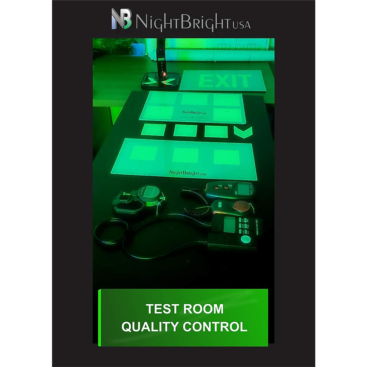 Photoluminescent Exit Sign Green Framed Flag/Ceiling Mount Double Sided. UL 924 Code Approved.