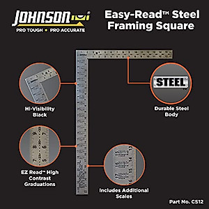 Johnson Level & Tool CS12 Stainless Steel Framing Square, 16" x 24", Silver, 1 Square