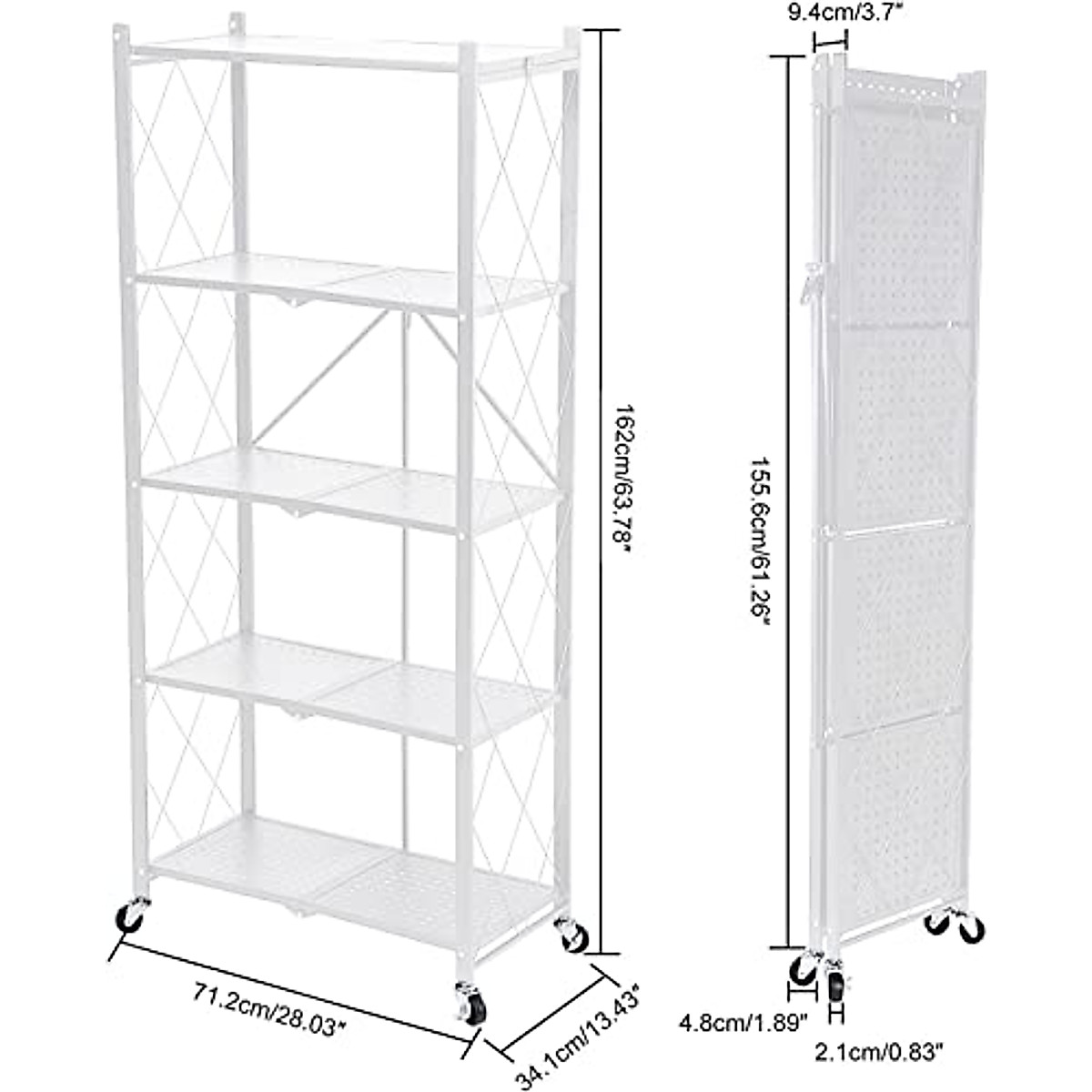 MagicFox Foldable Storage Shelf Unit on Wheels Large Capacity (No Assembly) Heavy Duty Steel 5-Shelving Organizer Rack for Kitchen, Garage and Laundry Bathroom Tool Organization(5 Tier (White)