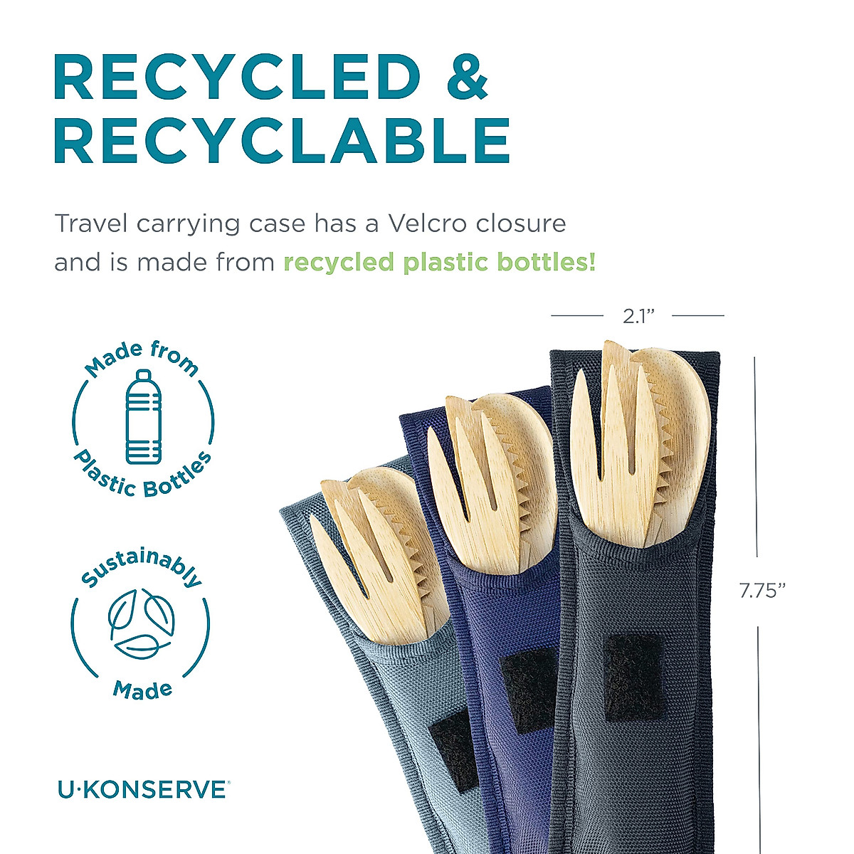 U-Konserve Bamboo Cutlery Set in Recycled Case - Reusable Utensil Spoon Fork Knife - Lightweight for Zero Waste Lunches and Travel - Navy Blue Carrying Case