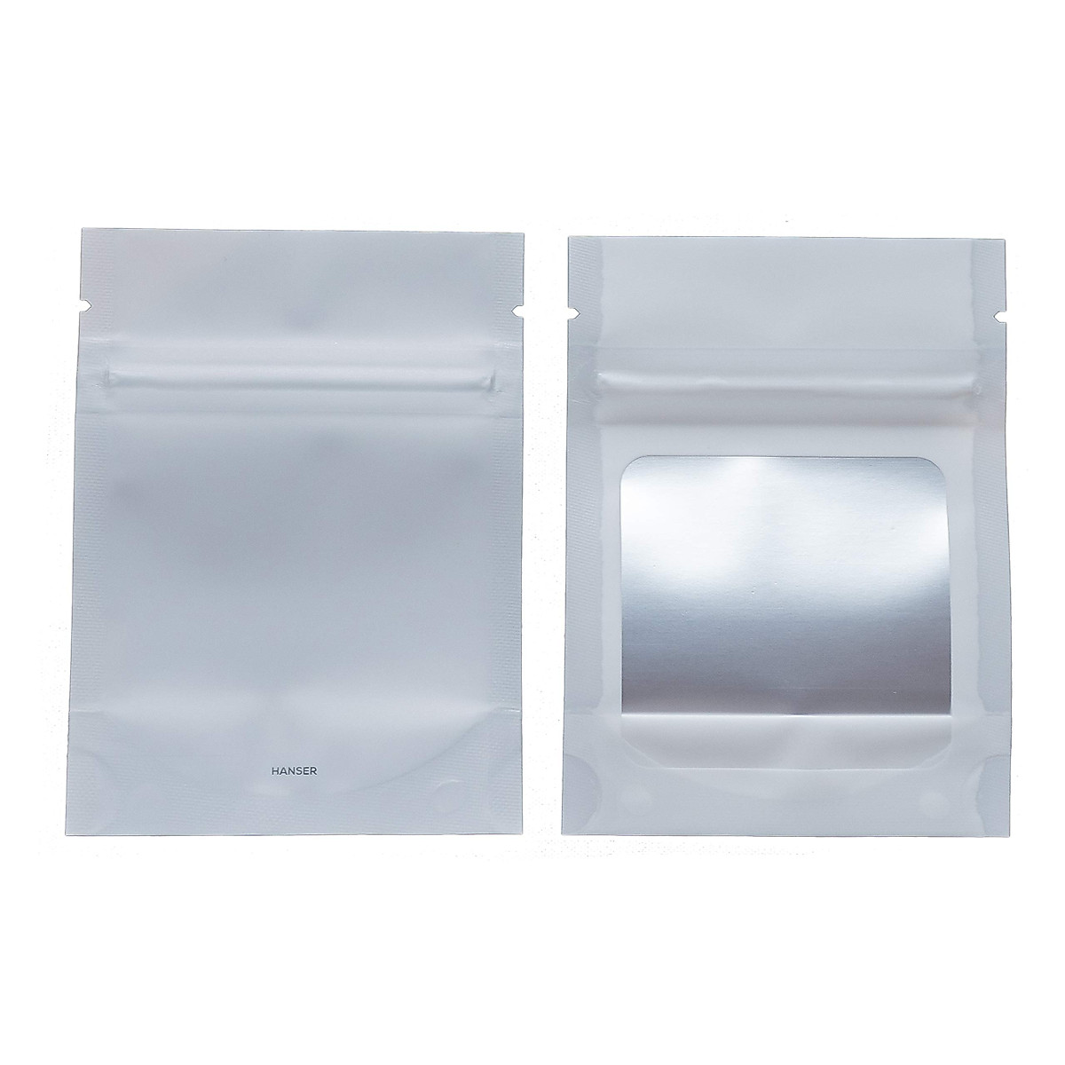 HANSER | Smell Proof Odorless Mylar Resealable Foil Pouch Bags with clear Window | Stand up bottom | Airtight | matte white | 100 Pieces | 3x4 inches