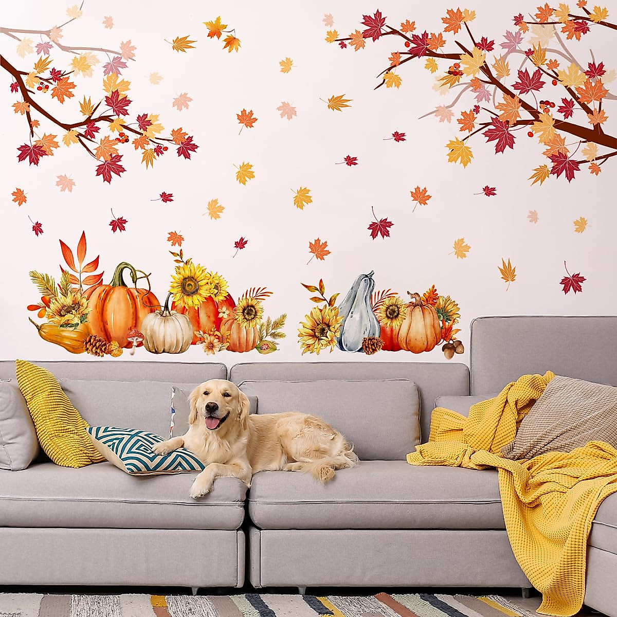 Autumn Fall Leaves Wall Decal Maple Tree Wall Decal DIY Branch Wall Stickers Removable Yellow Leaf Wall Decal for Autumn Holidays Home Classroom Birthday Thanksgiving Harvest Party Decoration