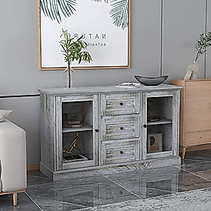 furduzz Kitchen Sideboard 52” Buffet Cabinet with Glass Doors, 3 Drawers and Display Shelves,Wooden Coffee Bar Cupboard Server Console Table Floor Cabinet for Home Dining Room Living Room Storage,Gray
