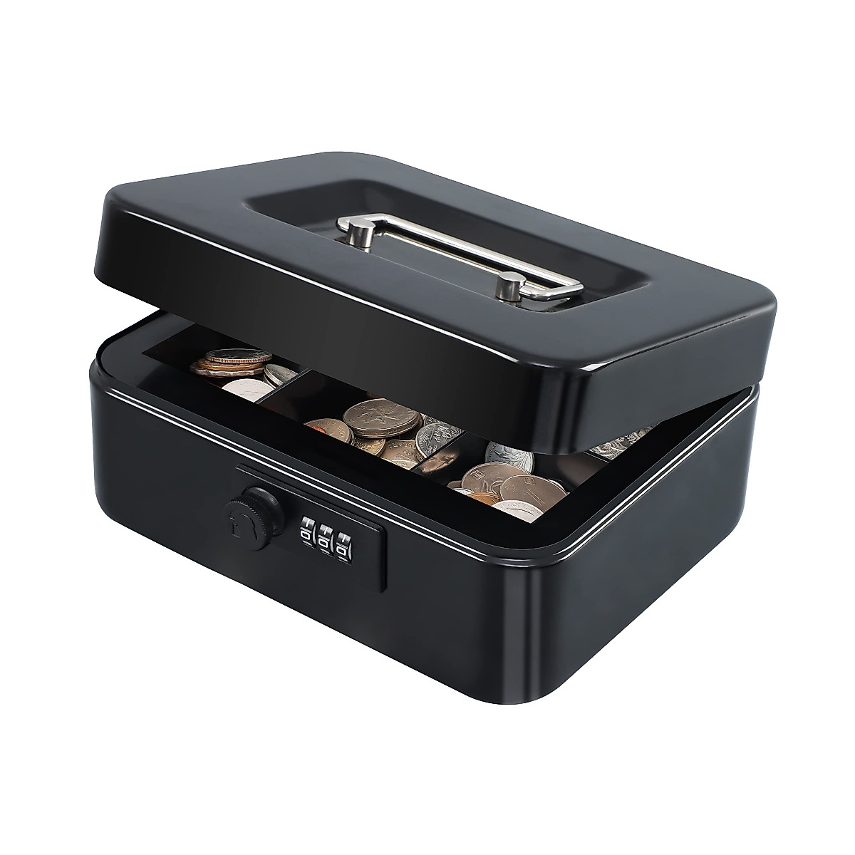 KYODOLED Medium Cash Box with Combination Lock Safe Metal Money Box with Money Tray for Security Lock Box 7.87"x 6.30"x 3.54" Black Medium