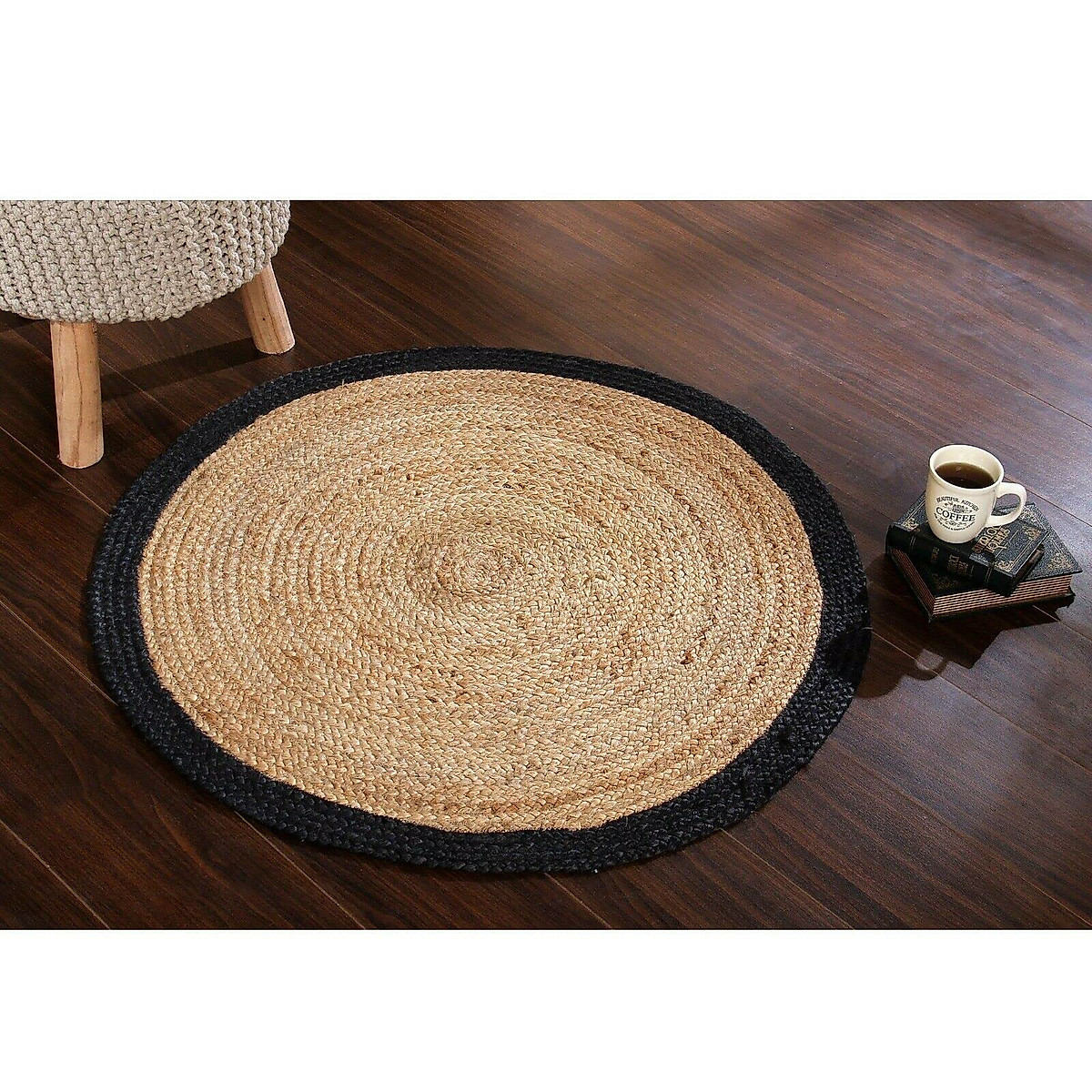 THE PIKKU INTERNATIONAL - Rug Round Natural Jute Hand Woven Braided Area Rug Beige with Black Color Border Carpet (132 x 132 Inch (11 Feet Round))