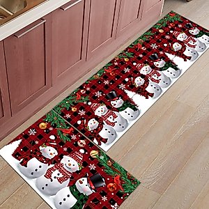 Christmas Kitchen Mats 2 Piece, Xmas Snowman Winter Holiday Doormats, Snowflake Kitchen Rugs Set Black Red Buffalo Plaid Christmas Decorations Floor Mat for Indoor Use,15.7" x 23.6"+15.7" x 47.2"