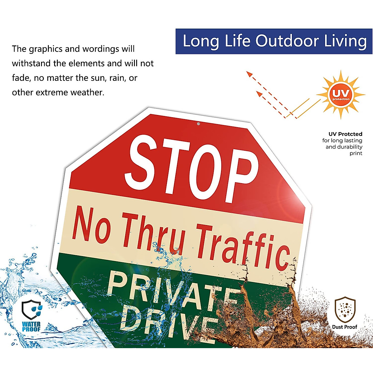 Stop No Thru Traffic Private Drive Sign 12" x 12" Private Driveway Sign Metal Reflective No Thru Traffic Sign Rust Free Aluminum Stop Sign UV Protected Waterproof Outdoor Use 2 Pack