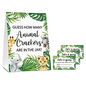 Guess How Many Animal Crackers Baby shower Game, Jungle Animal, Safari Theme Baby Shower Game - 1 Standing sign And 50 Cards For Gender Neutral Baby Shower-LK-D05