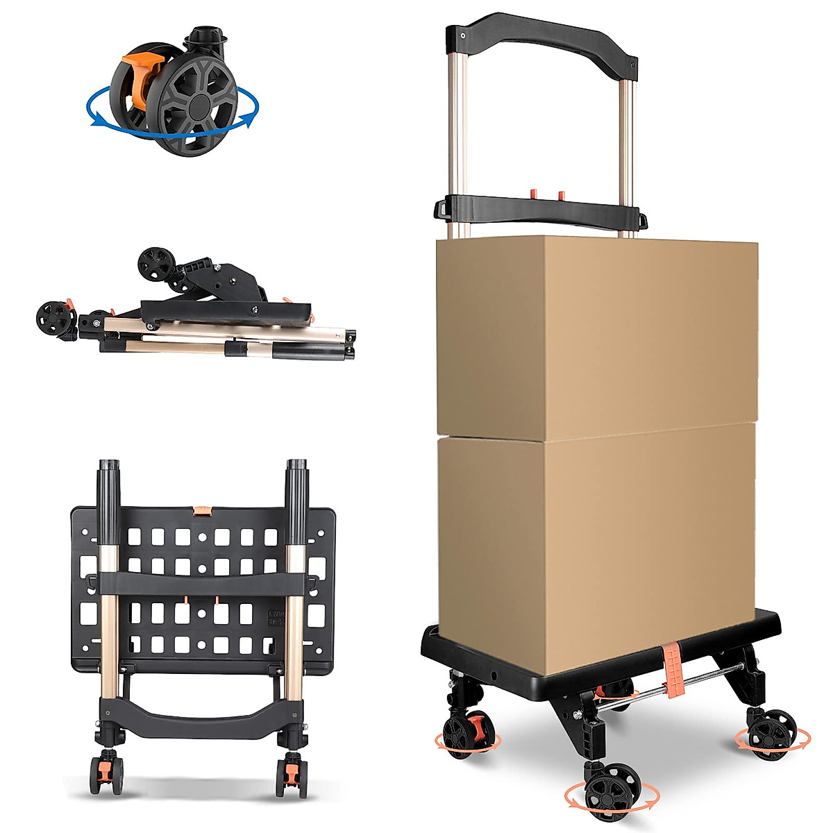 Folding Hand Truck Portable Dolly Utility Cart Rolling Crate with 4 Rotate Double Wheels 80KG/176Lbs Heavy Duty Adjustable Handle for Moving Shopping Grocery Travel Office Use(Black Swivel Wheel)