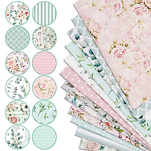 Whaline 12Pcs Spring Cotton Fabric Bundles 18 x 22 Inch Floral Greenery Printed Fat Quarters Pink Green Retro Quilting Patchwork Squares Sewing Fabrics for DIY Handmade Crafting Home Party Decor