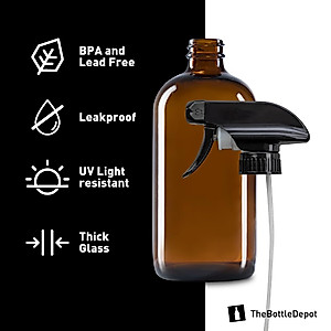 The Bottle Depot - 6 Pack - 16 oz Glass Spray Bottles with Black Trigger Sprayers - Clear Amber - 28-400 Neck Finish - Boston Round Bottles - UV Rays Protection