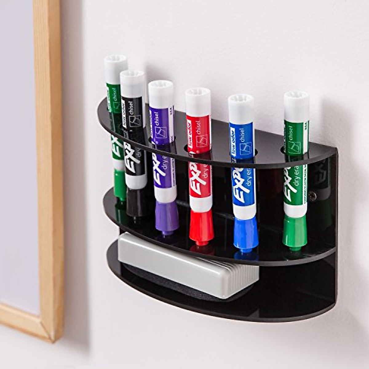 MyGift Whiteboard Supply Storage, 6-Slot Black Acrylic Dry Erase Marker and Eraser Holder, 2-Tier Wall Mounted Office Accessories Organizer Storage Rack