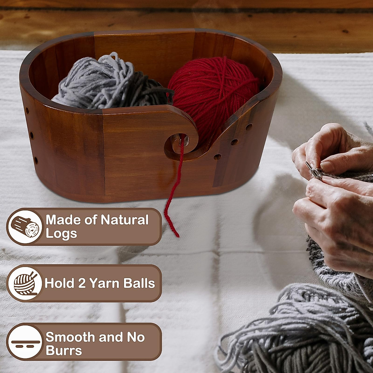 VPF Large Yarn Bowl,Knitting Yarn Bowl Portable, Wood Yarn Bowl Holder Swirl Design,Wool Yarn Storage Crochet Bowl Organizer for DIY Knitting Crocheting
