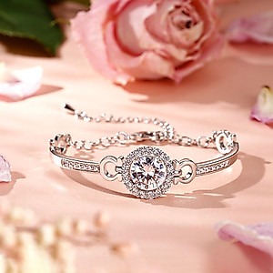 Jeulia Classic Halo Design Stainless Steel Adjustable Bracelet for Women Gemstone Bracelet Summer Wedding Jewelry Gift for Brides Brademaids Girls