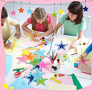 Geosar 90 Pieces Neon Stars Cut Outs Bulletin Board Cutouts Back to School Star Bulletin Board Rainbow Colored Stars Shapes Paper Cutouts for Classroom Bulletin Board Neon Party Supply Teachers Kids