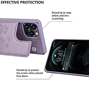 iCoverCase for iPhone 12 Pro Max Wallet Case with Card Slots Holder and Wrist Strap [RFID Blocking] Embossed Leather Kickstand Magnetic Clasp Shockproof Cover 6.7 Inch (Heart Purple)