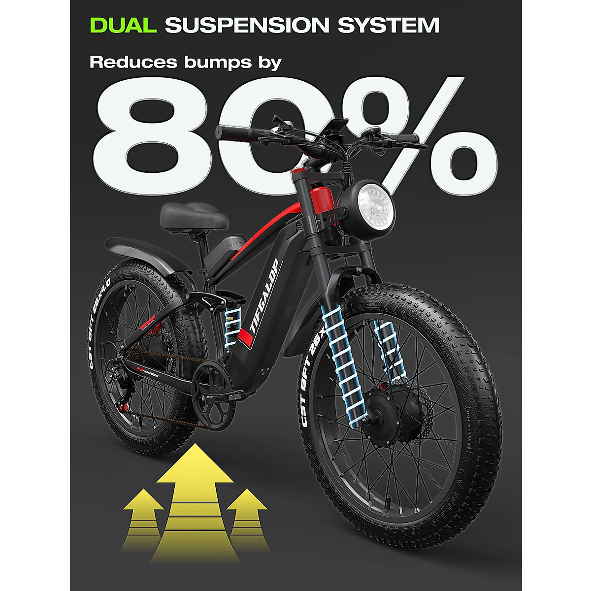 tifgalop Adult Electric Bike, 2000W Motor Maximum Speed 37MPH and 52V 22Ah Detachable Lithium Battery, Maximum Range 80km, 26 Inch Fat Tire Mountain Snow Beach Electric Bike