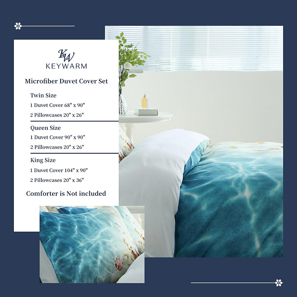 Beach Duvet Cover King, 3 Pieces Soft Lightweight Microfiber Duvet Cover Set, 3D Beach Ocean Bedding Comforter Cover Set with Zipper Ties, 1 Duvet Cover and 2 Pillowcases, No Comforter