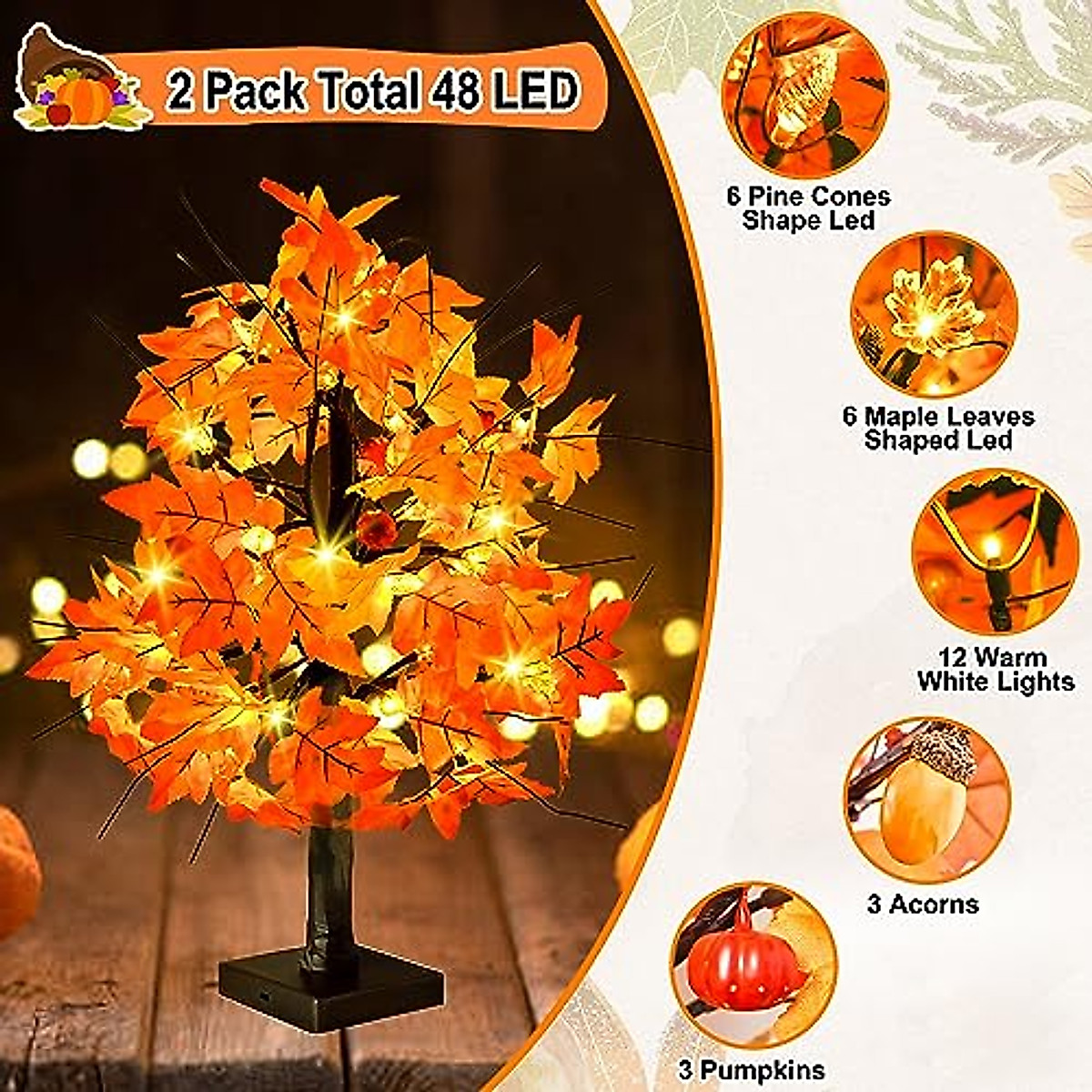 [ 2 Pack & Timer ] 24 Inch Lighted Maple Tree Fall Decorations with 48 LEDs Timer Battery Operated Artificial Autumn Tabletop Tree for Thanksgiving Harvest Indoor Home Decor