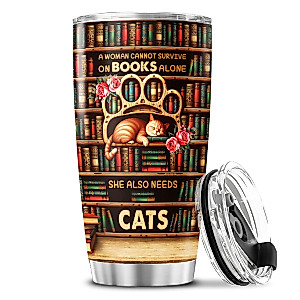 HUBUPU Cat Lovers For Tumblers, Tumbler 20 Oz With Lid And Straw, Book Gifts, Girl Loved Books And Cats