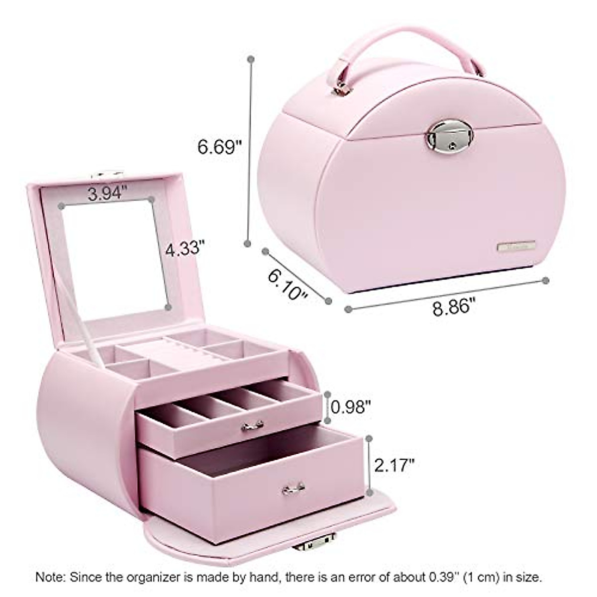 Homde Girls Jewelry Box Pink Storage Case Organizer Faux Leather with Mirror