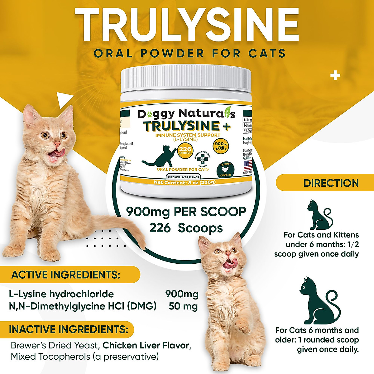Trulysine Plus L-Lysine for Cats Immune Support Oral Powder 8oz/226g - Cats & Kittens of All Age, Sneezing, Runny Nose Squinting, Watery Eyes Chicken Liver Flavor (U.S.A)(226 Grams (900mg / Scoop))